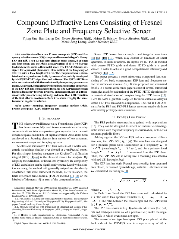 (PDF) Compound Diffractive Lens Consisting of Fresnel Zone Plate and Frequency Selective Screen