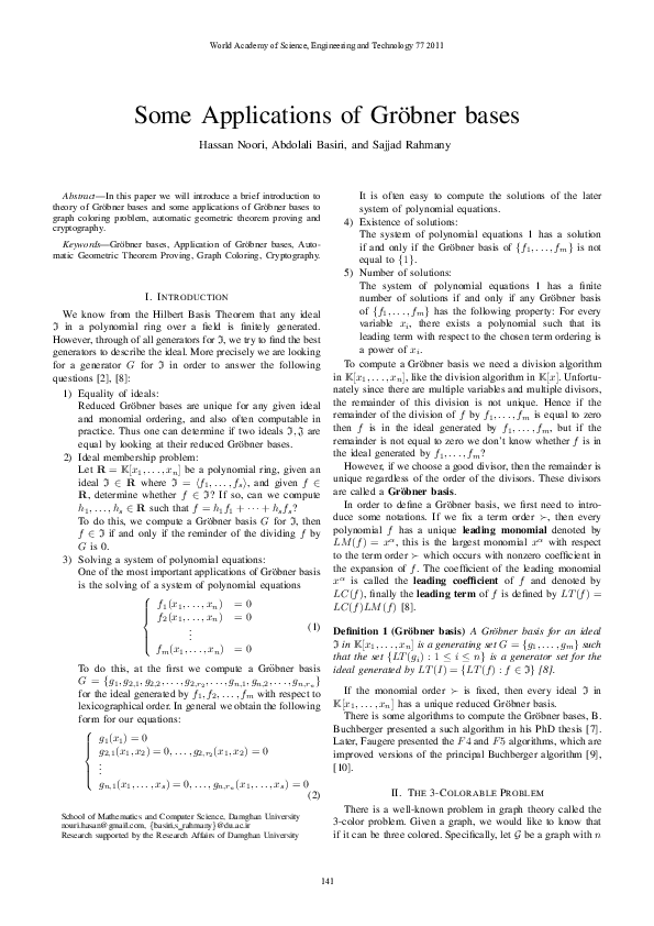 (PDF) SOME APPLICATIONS OF GRÖBNER BASES