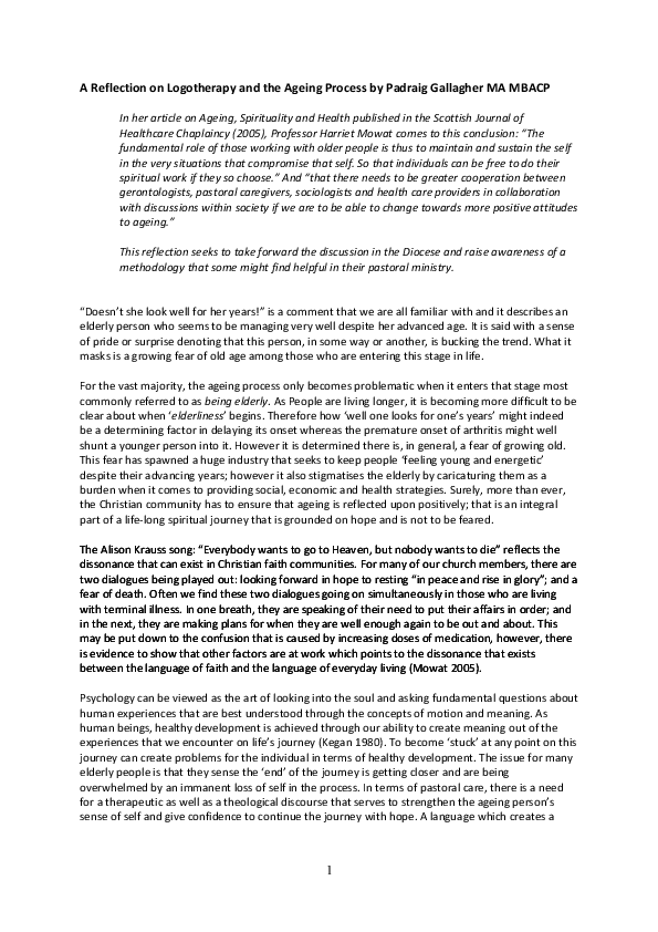 (PDF) A Reflection on Logotherapy and the Ageing Process by Padraig ...