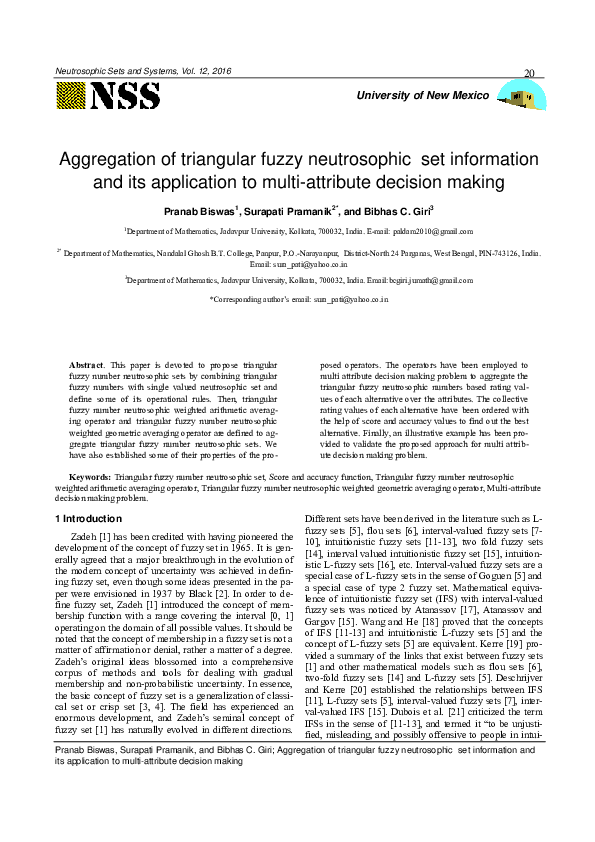Pdf Aggregation Of Triangular Fuzzy Neutrosophic Set Information And Its Application To Multi 7763