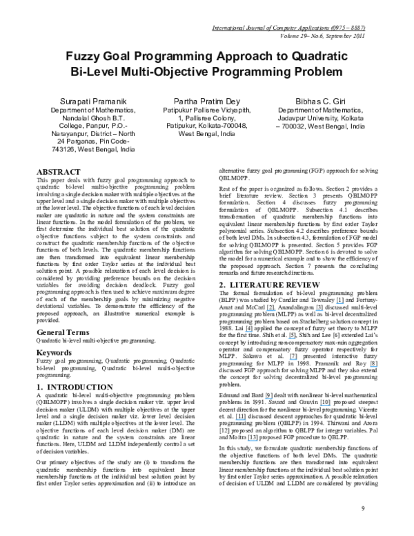 Pdf Fuzzy Goal Programming Approach To Quadratic Bilevel Multiobjective Programming Problem