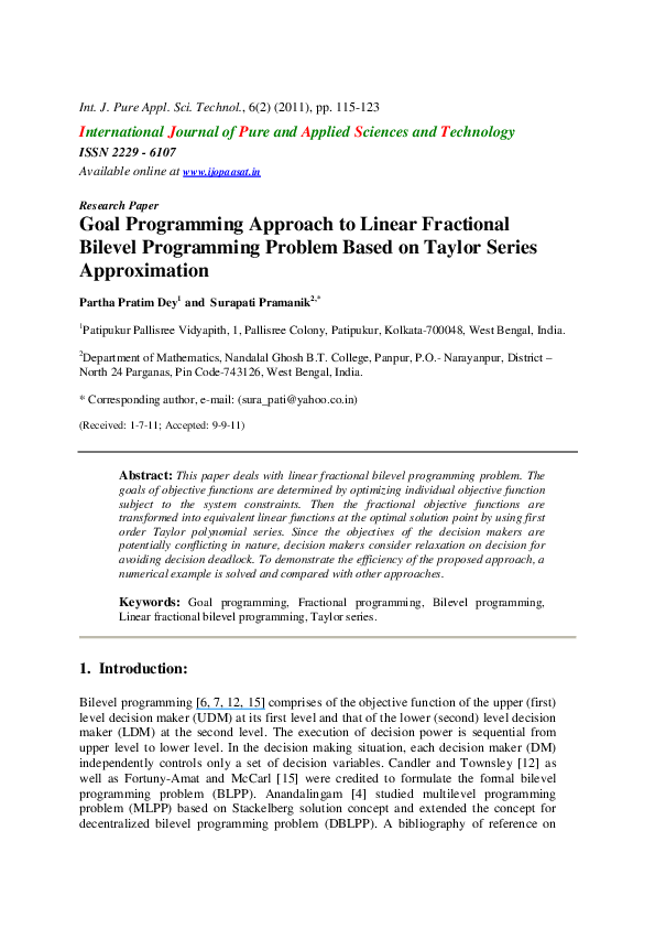 Pdf Fuzzy Goal Programming Approach To Linear Fractional Bilevel