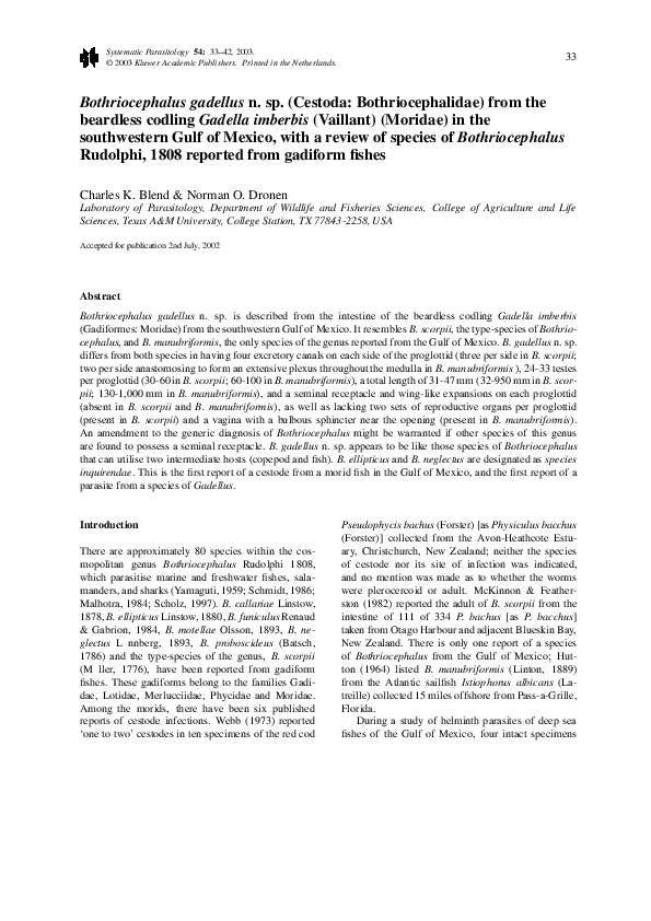 (PDF) Bothriocephalus gadellus n. sp. (Cestoda: Bothriocephalidae) from ...