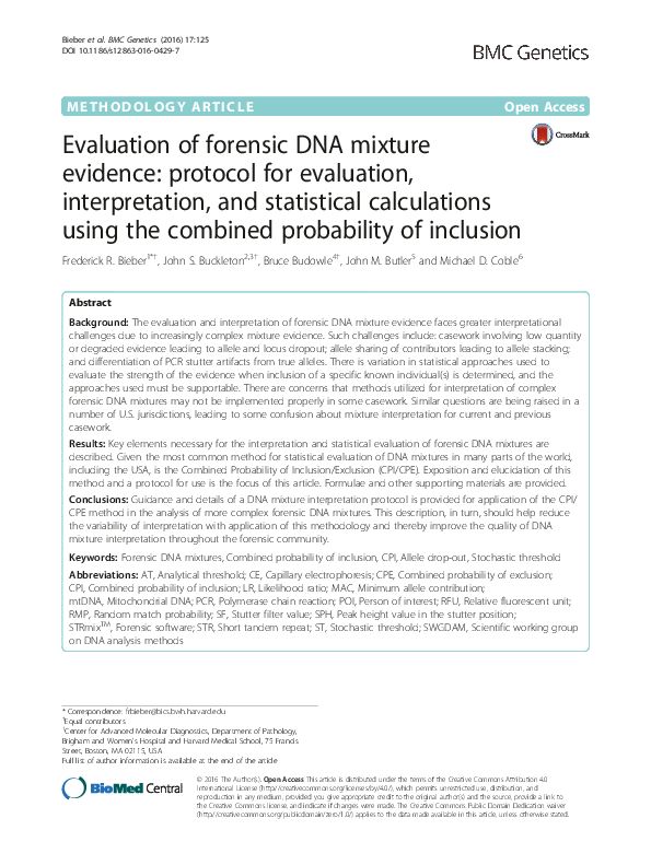 Pdf Evaluation Of Forensic Dna Mixture Evidence Protocol For Evaluation Interpretation And