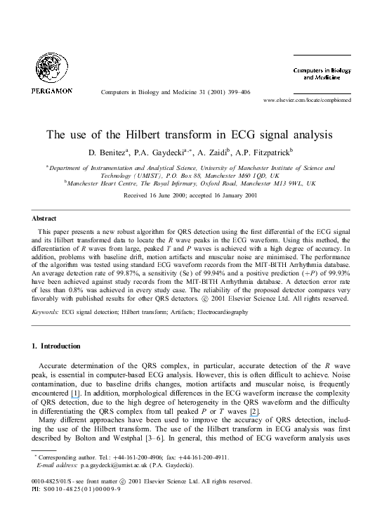 (PDF) The use of the Hilbert transform in ECG signal analysis