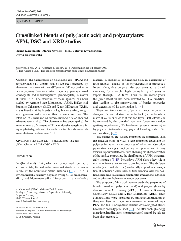 (PDF) Crosslinked blends of poly(lactic acid) and polyacrylates: AFM ...