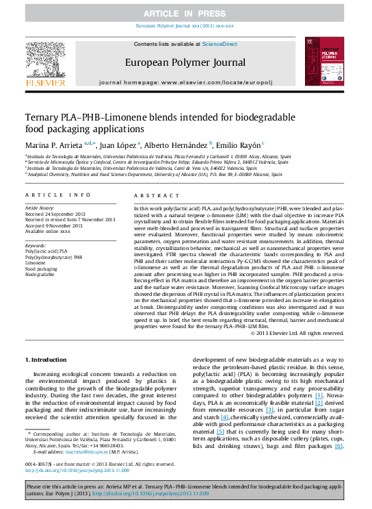 (PDF) Ternary PLA-PHB-Limonene blends intended for biodegradable food ...