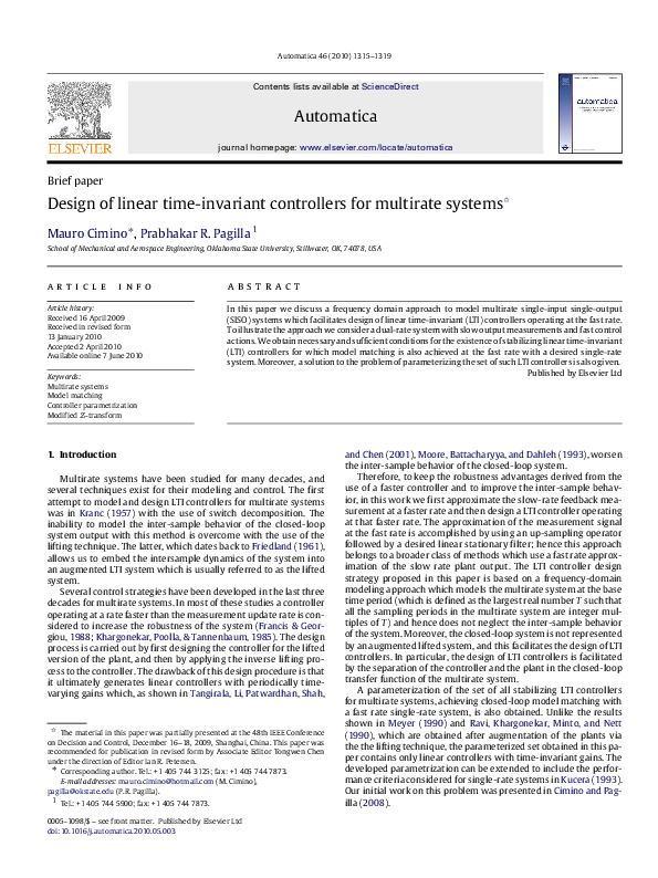 (PDF) Design of linear time-invariant controllers for multirate systems