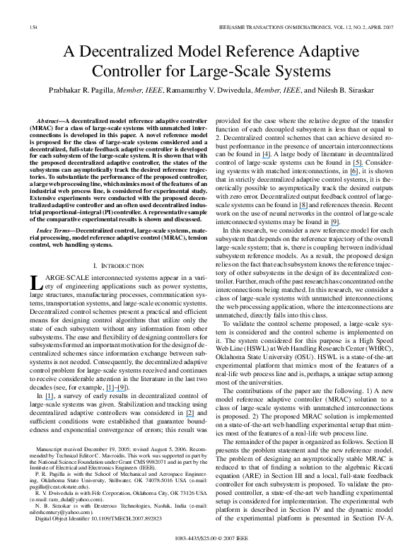 Pdf Decentralized Model Reference Adaptive Control For A Class Of Uncertain Large Scale Time