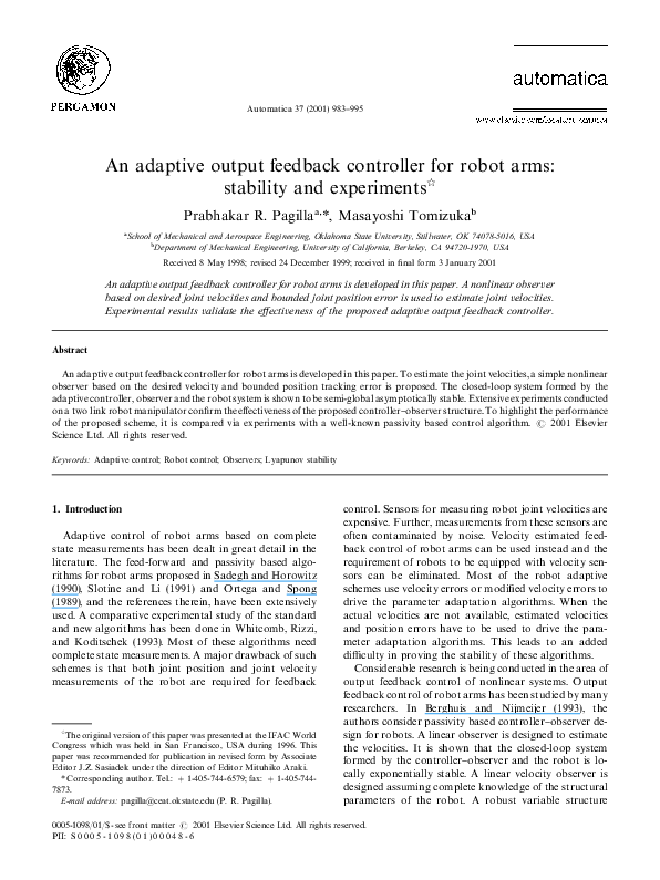 (PDF) An adaptive output feedback controller for robot arms: stability and experiments