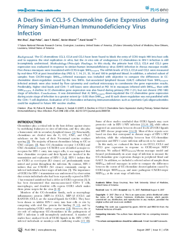 (PDF) A Decline in CCL3-5 Chemokine Gene Expression during Primary ...