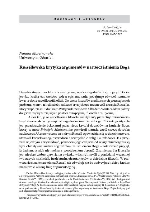 (PDF) Russellowska krytyka argumentow na rzecz istnienia Boga (Filo-sofija, Vol 12, No 19)