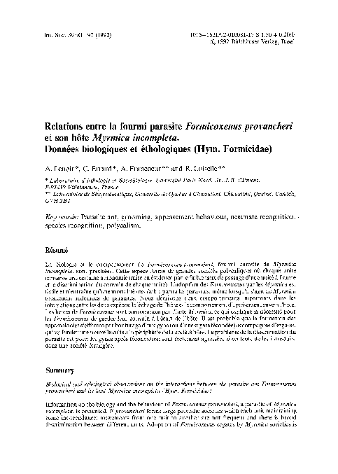 (PDF) Relations entre la fourmi parasite Formicoxenus provancheri et ...