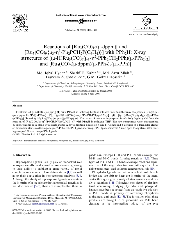 (PDF) Reactions of [Ru 3(CO) 10(μ-dppm)] and [Ru 3(CO) 9{μ 3-η 3Ph 2PCH 2P(C 6H 4)}] with PPh 2H ...