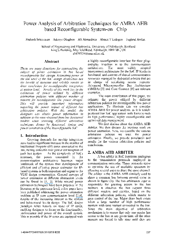(PDF) Power Analysis of Arbitration Techniques for AMBA AHB based Reconfigurable System-on Chip