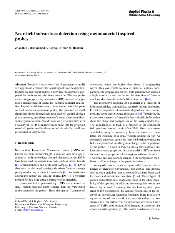 Pdf Near Field Subsurface Detection Using Metamaterial Inspired Probes