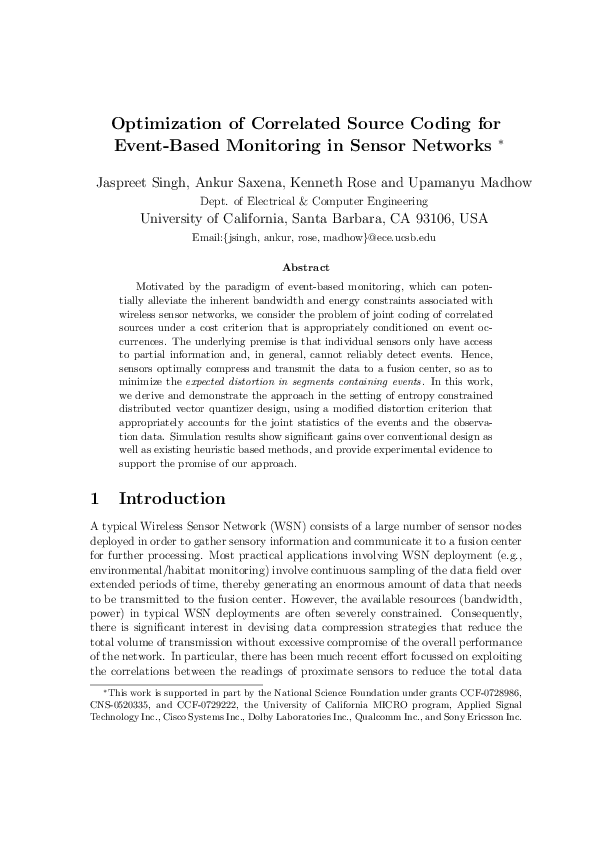 Pdf Optimization Of Correlated Source Coding For Event Based