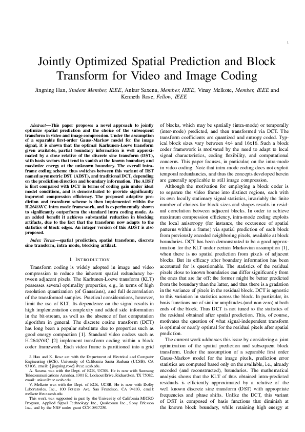 Pdf Jointly Optimized Spatial Prediction And Block Transform For Video And Image Coding