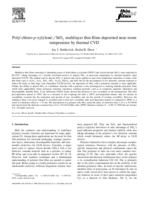 (PDF) Poly(chloro-p-xylylene)/SiO2 multilayer thin films deposited near ...
