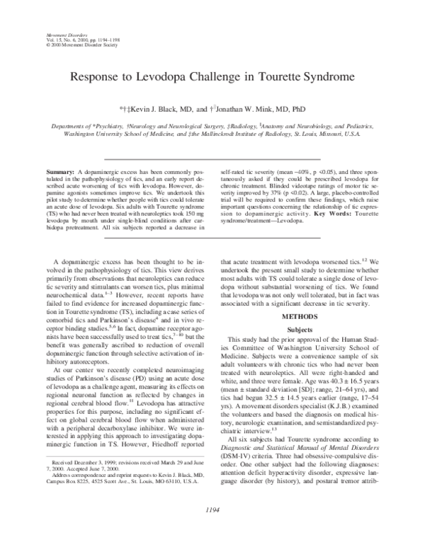 (PDF) Response to levodopa challenge in Tourette syndrome