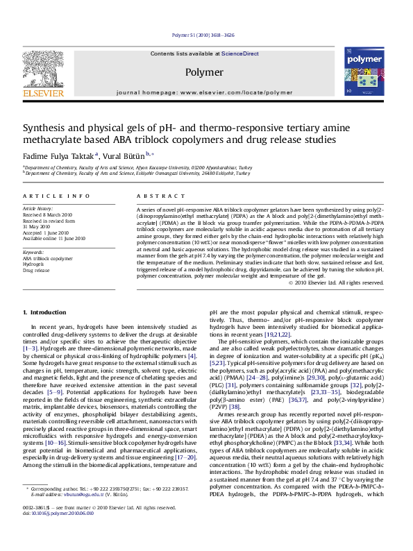 (PDF) Synthesis and physical gels of pH and thermo-responsive tertiary amine methacrylate based ...