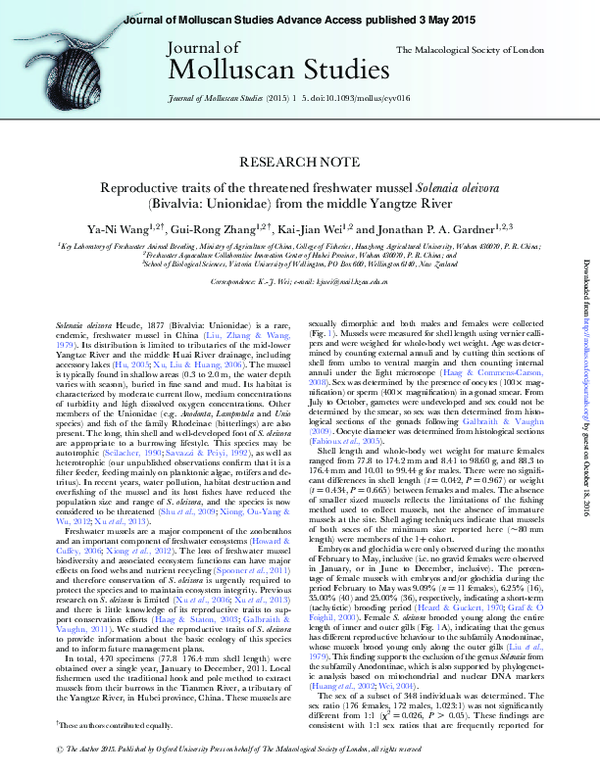 (PDF) Reproductive traits of the threatened freshwater mussel Solenaia ...