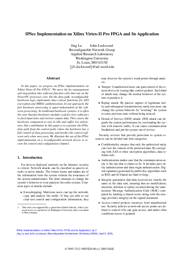 (PDF) IPSec Implementation on Xilinx Virtex-II Pro FPGA and Its Application