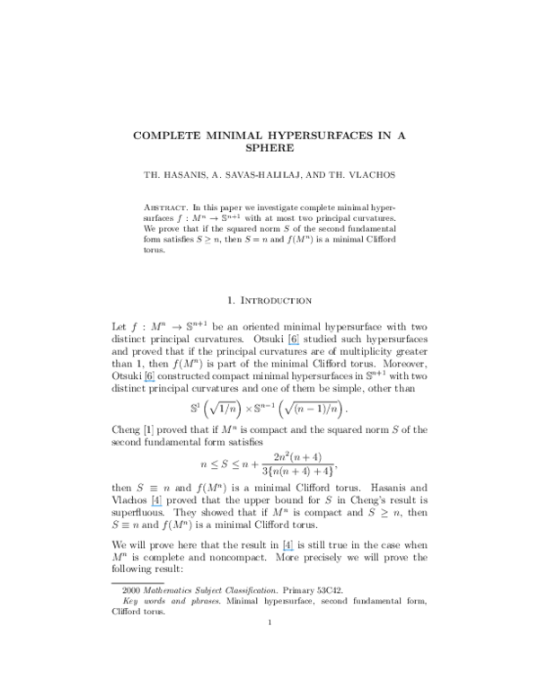 Pdf Complete Minimal Hypersurfaces In A Sphere