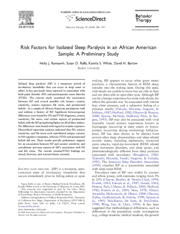 (PDF) Risk Factors for Isolated Sleep Paralysis in an African American ...