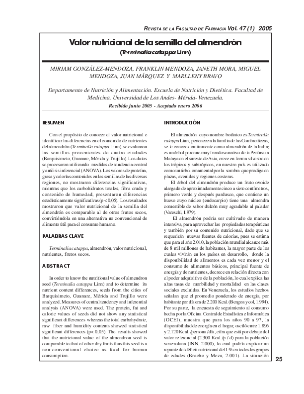 (PDF) Valor nutricional de la semilla del almendrón (Terminalia catappa ...