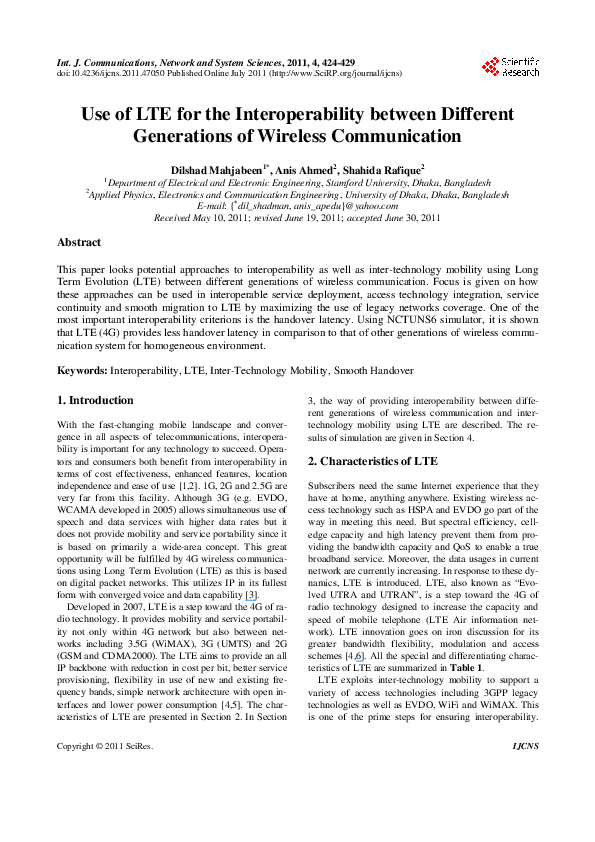 (PDF) Use of LTE for the Interoperability between Different Generations ...