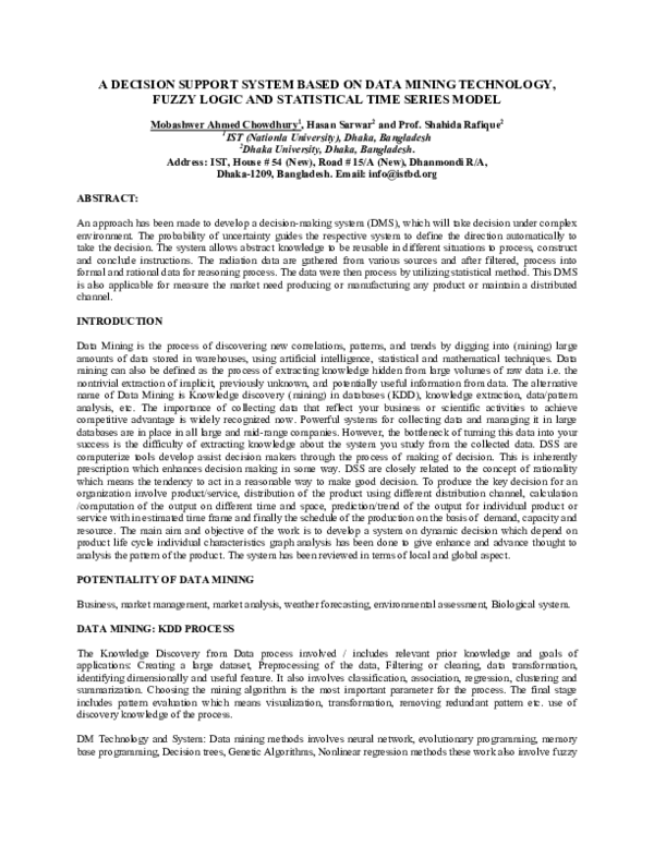 Pdf A Decision Support System Based On Data Mining Technology Fuzzy Logic And Statistical