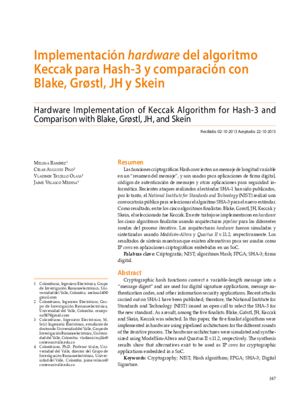 (PDF) Implementación hardware del algoritmo Keccak para Hash-3 y comparación con Blake, Grosti ...