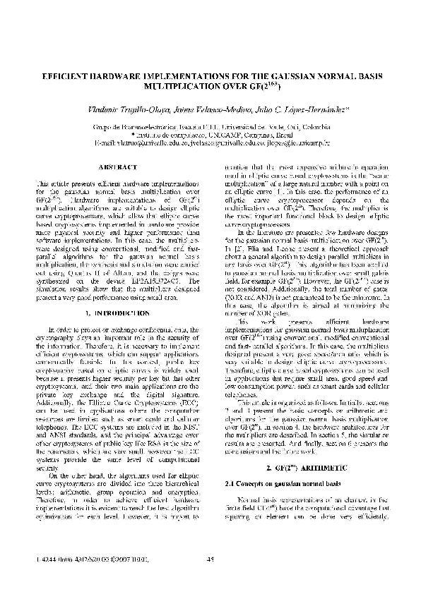 Pdf Efficient Hardware Implementations For The Gaussian Normal Basis Multiplication Over Gf 2163