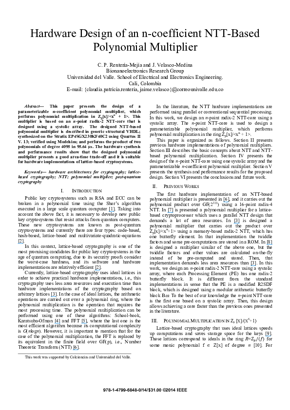 Pdf Hardware Design Of An Ntt Based Polynomial Multiplier