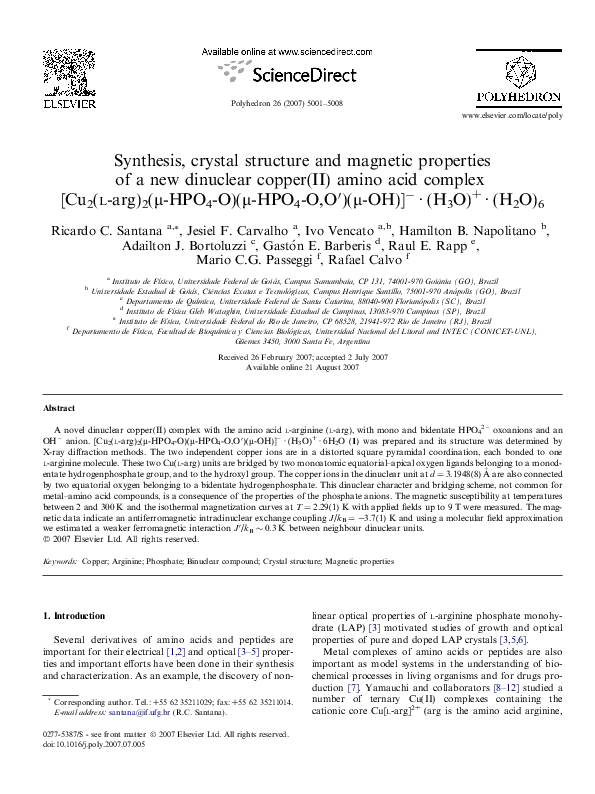 (PDF) Synthesis, crystal structure and magnetic properties of a new dinuclear copper(II) amino ...