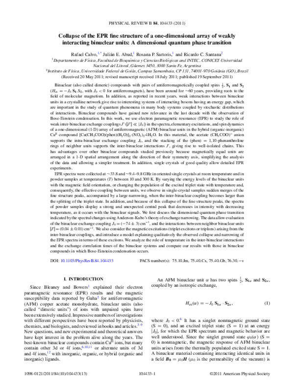 (PDF) Collapse of the EPR fine structure of a one-dimensional array of ...
