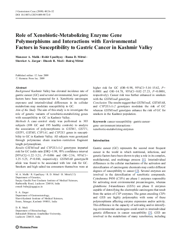 Pdf Role Of Xenobiotic Metabolizing Enzyme Gene Polymorphisms And