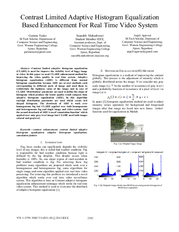 Pdf Contrast Limited Adaptive Histogram Equalization Based Enhancement For Real Time Video System 3674