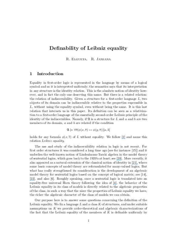 (PDF) Definability of Leibniz Equality