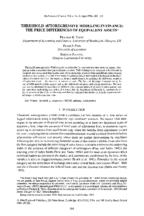 (PDF) THRESHOLD AUTOREGRESSIVE MODELING IN FINANCE: THE PRICE DIFFERENCES OF EQUIVALENT ASSETS