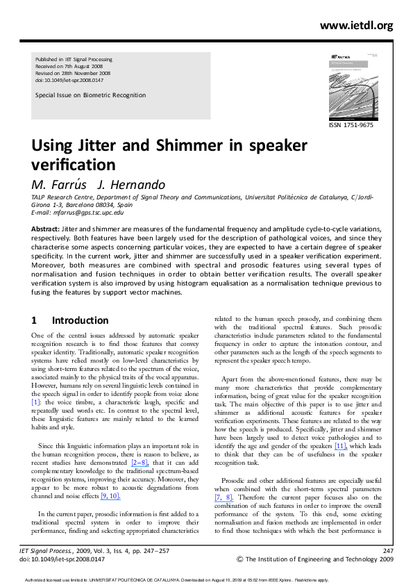 Pdf Using Jitter And Shimmer In Speaker Verification