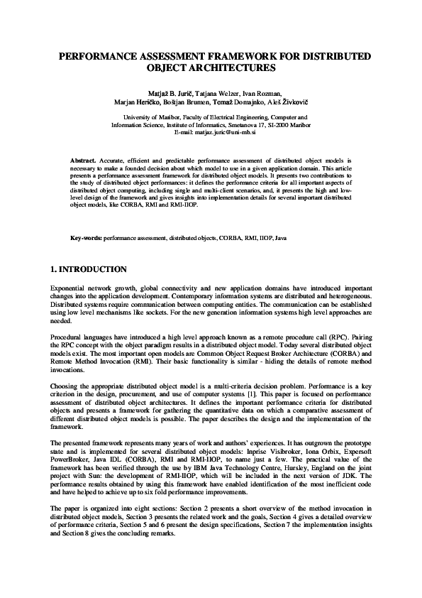 Pdf Performance Assessment Framework For Distributed Object Architectures Tatjana Welzer 9908