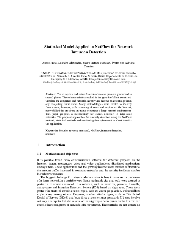 Pdf Statistical Model Applied To Netflow For Network Intrusion Detection
