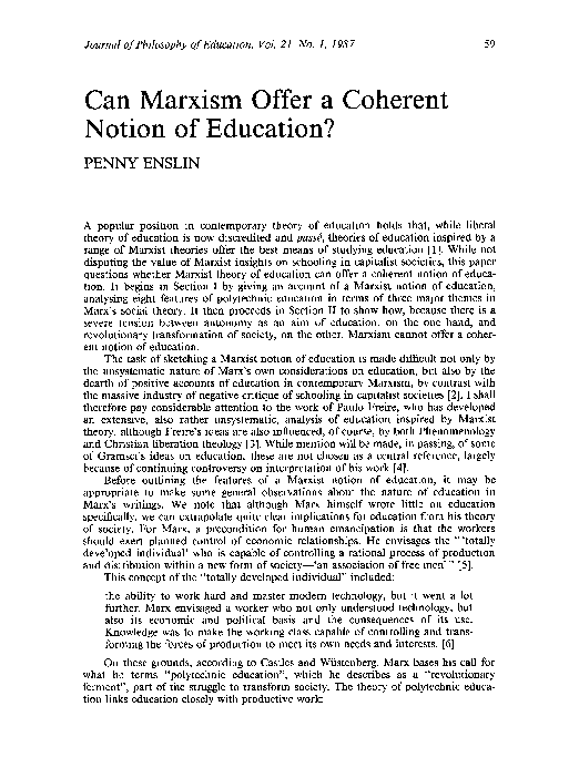 (PDF) Can Marxism Offer a Coherent Notion of Education?