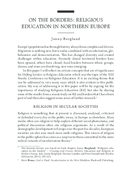 (PDF) ON THE BORDERS: RELIGIOUS EDUCATION IN NORTHERN EUROPE