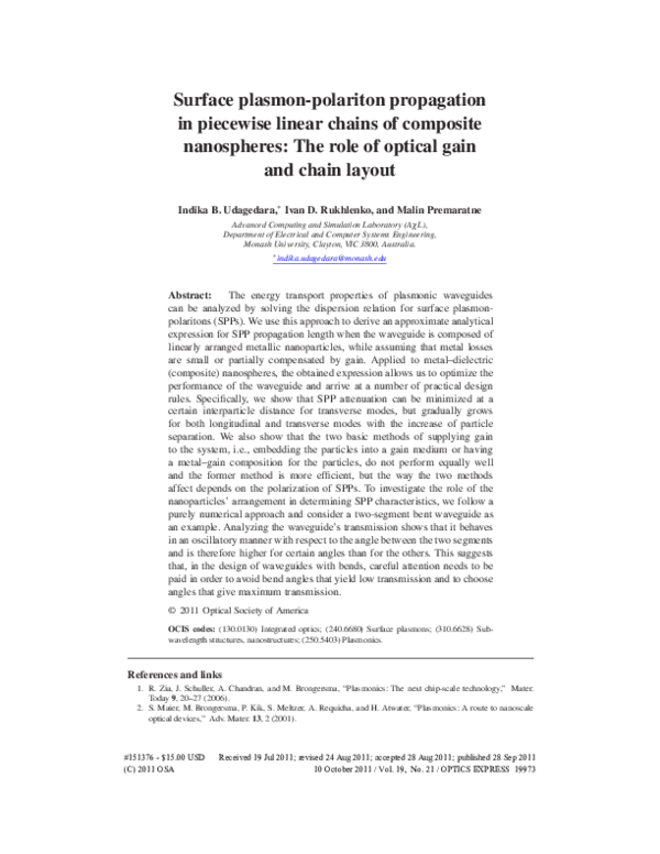 Pdf Surface Plasmon Polariton Propagation In Piecewise Linear Chains Of Composite Nanospheres