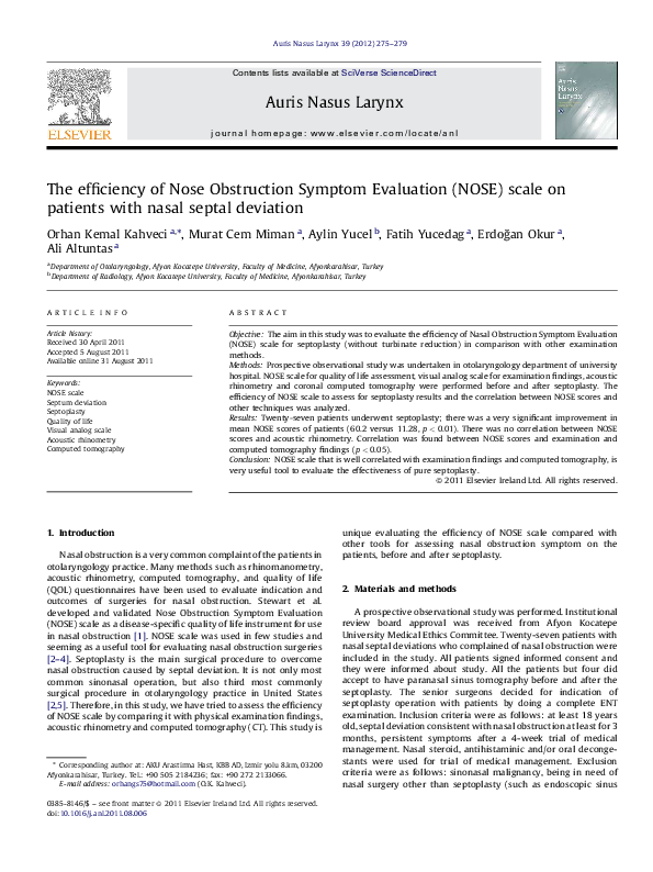 (PDF) The efficiency of Nose Obstruction Symptom Evaluation (NOSE ...