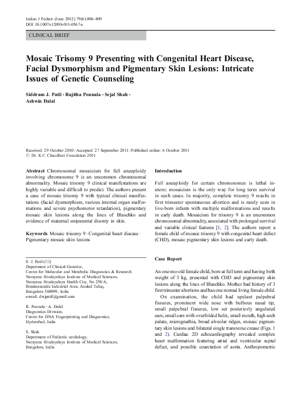(PDF) Mosaic Trisomy 9 Presenting with Congenital Heart Disease, Facial ...