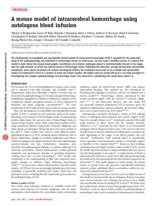 (PDF) A mouse model of intracerebral hemorrhage using autologous blood ...